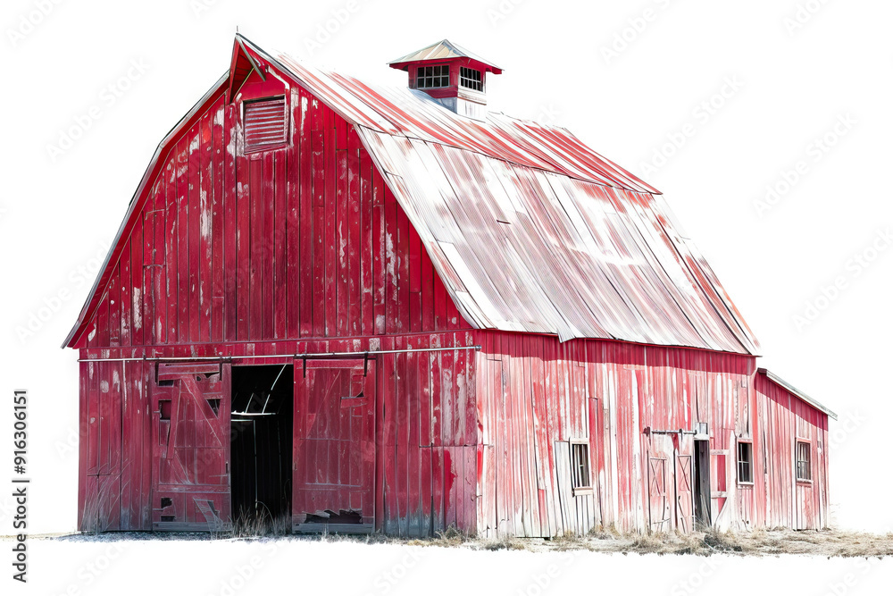 Old weathered red barn with peeling paint, isolated on a white ...