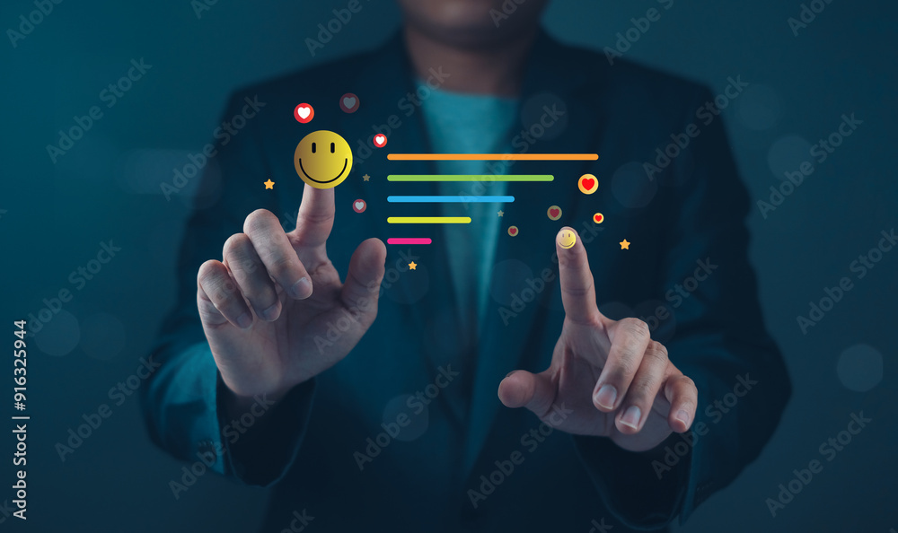 Person interacting with floating smile face and rating icons. Studio ...