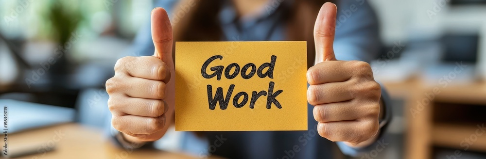 Person holding a sticky note with "Good Work" written on it, giving a ...