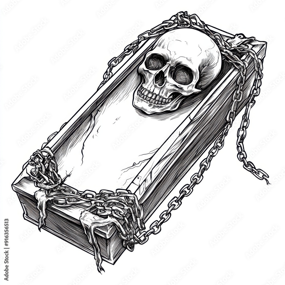 Black and white Vintage engraved art of a coffin with chains wrapped ...