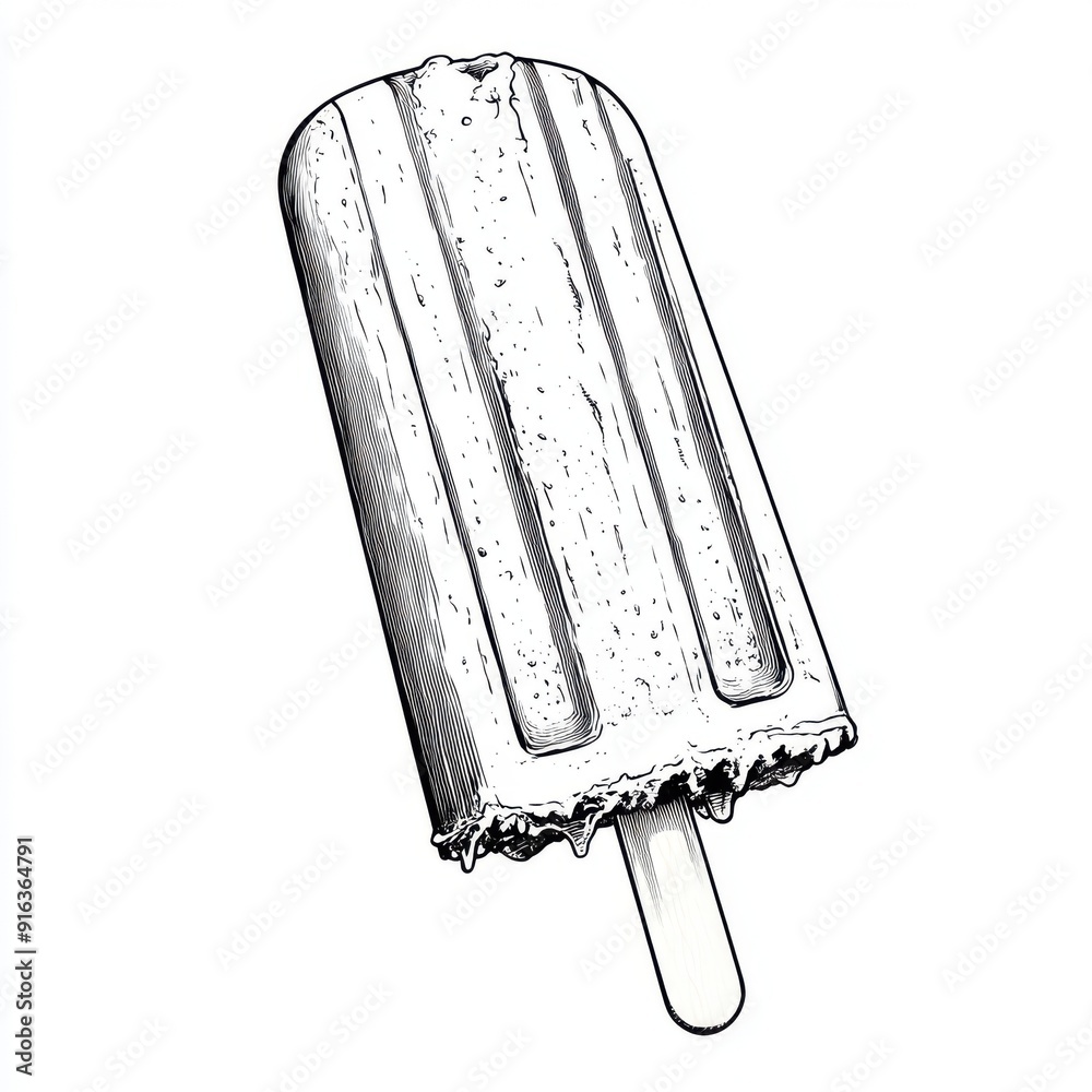 Black and white Vintage engraved art of a popsicle with bite marks ...