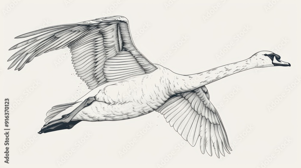 Black and white Vintage engraved art of a swan in flight, isolated on ...