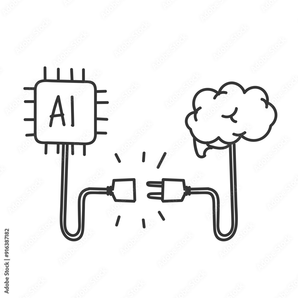 hand drawn doodle connecting brain with ai chip robotic Stock Vector ...