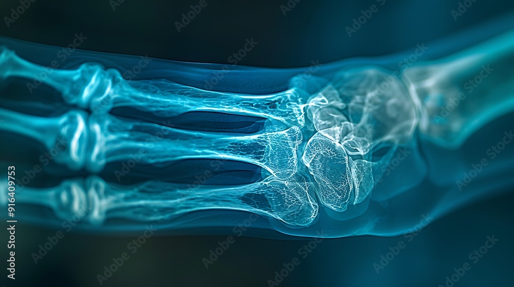 Pediatric wrist X-ray showing clear signs of carpal tunnel syndrome, detailed bone and tissue ...
