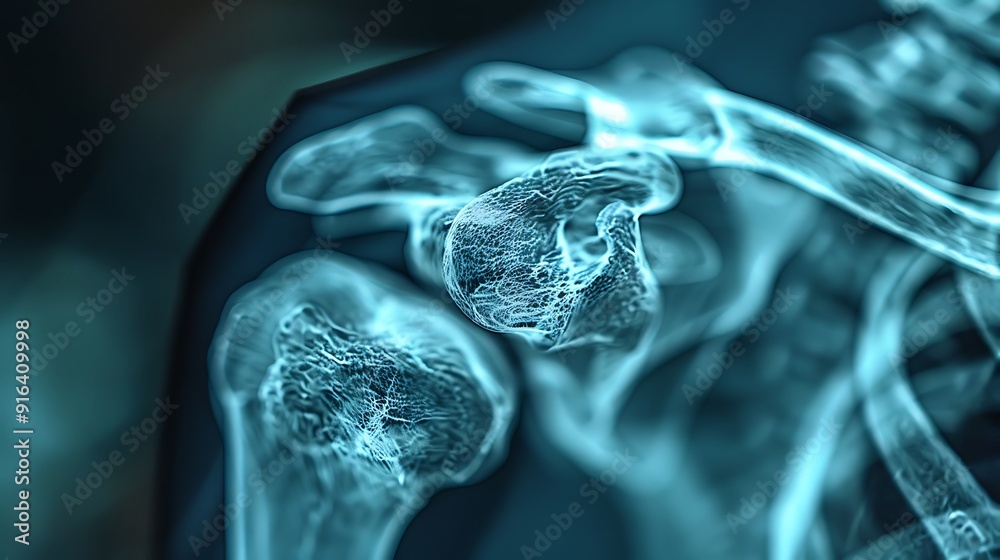 Side-view X-ray of a dislocated shoulder, highlighting the bone ...