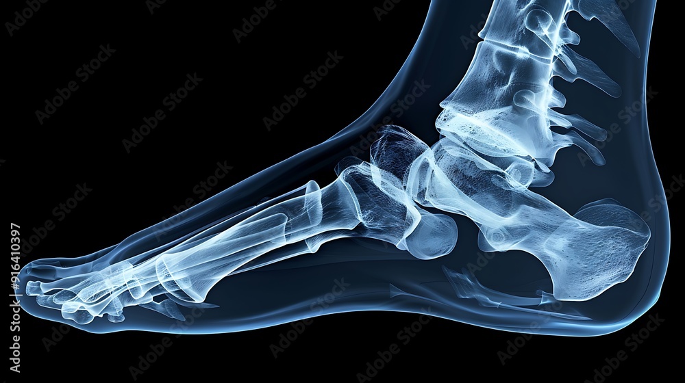 Side-view X-ray of a sprained ankle, highlighting bone and ligament ...
