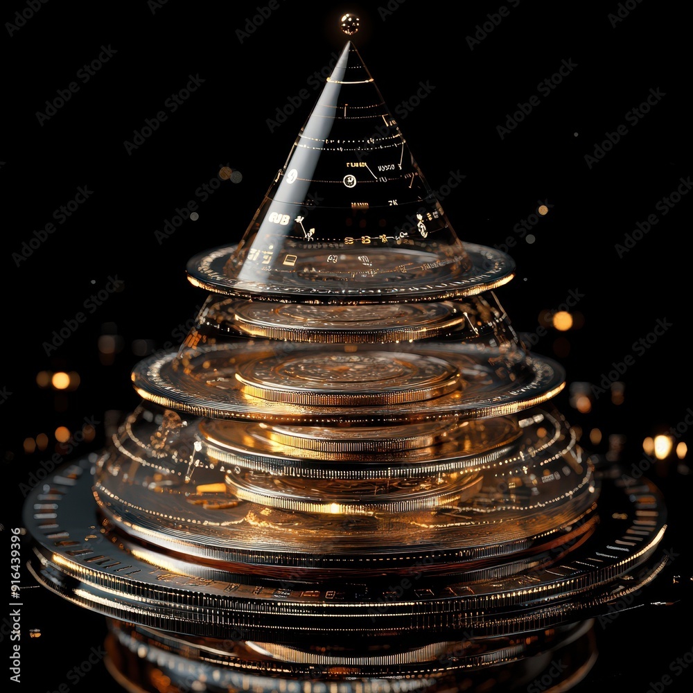 Rotating 3D pyramid of stacked coins with GDP and inflation data ...
