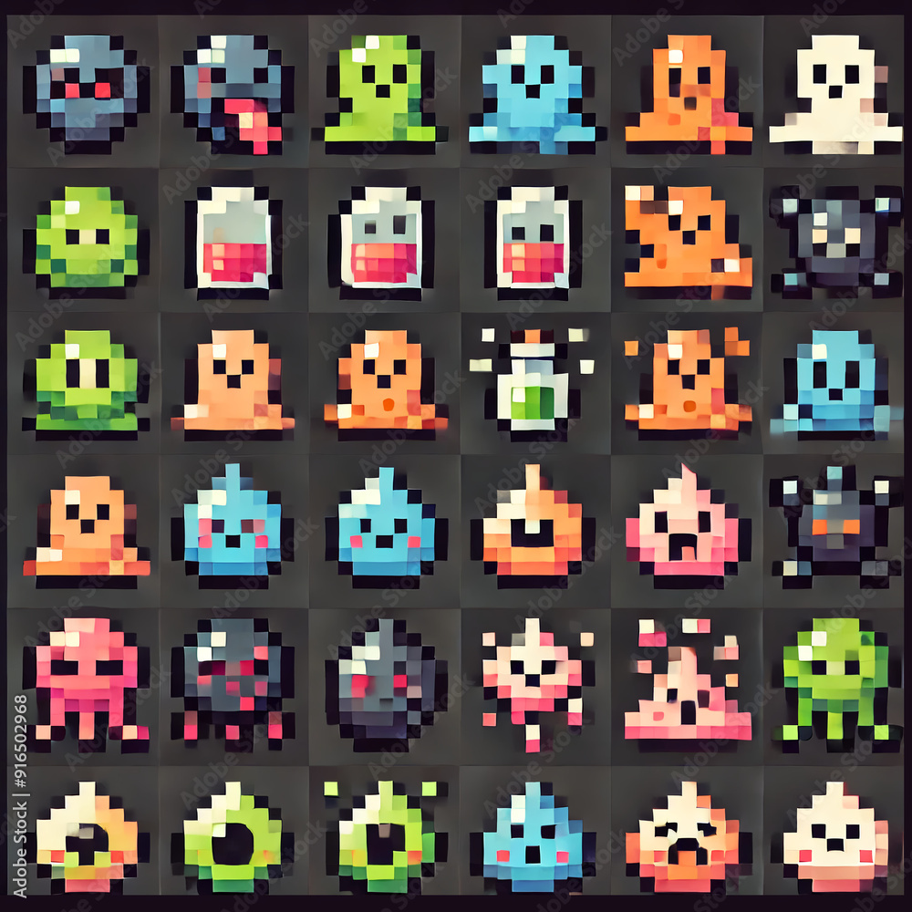 Detailed pixel art sprite sheet featuring various slimes Stock ...