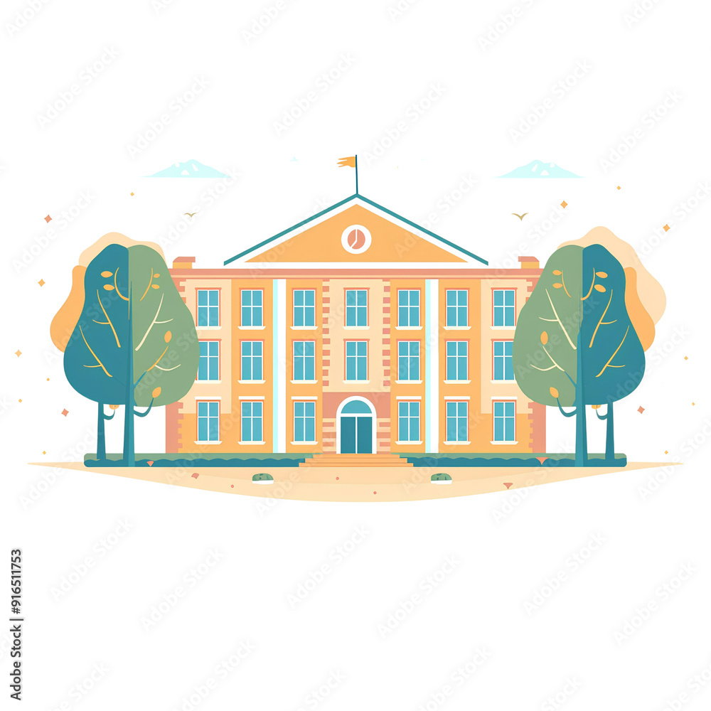Flat High School building with transparent background, simple design ...