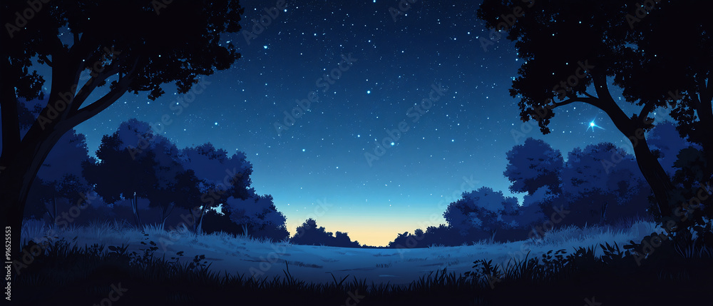 Early morning landscape, overlooking a field, forest and dawn sky ...