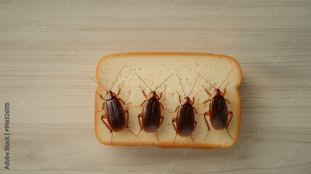 Cockroaches on Slice of Bread on Wooden Surface. Insect infestation and ...