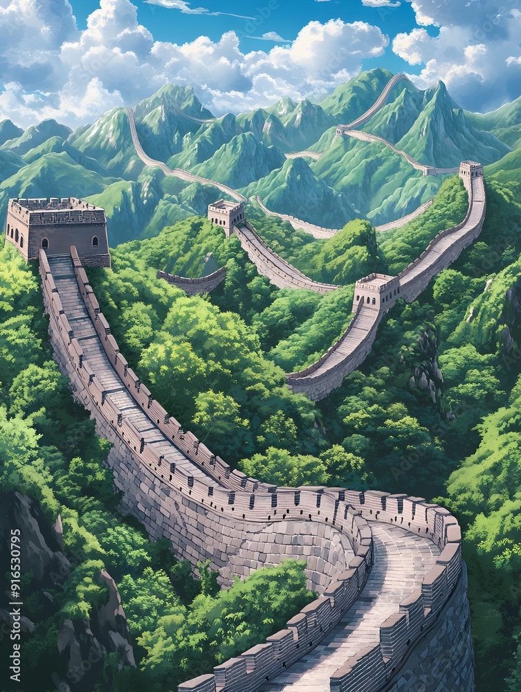 Magnificent Anime-Style Great Wall Winding Through Lush Mountain ...