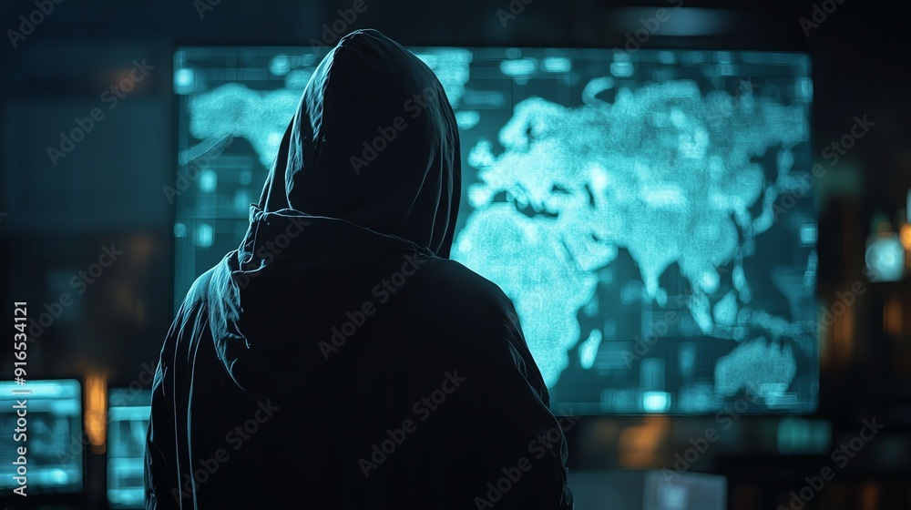 Anonymous hacker cloaked in a dark room, with a digital map of the ...