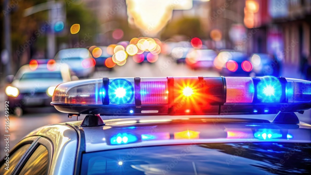 Flashing police lights at the scene of an accident or murder ...