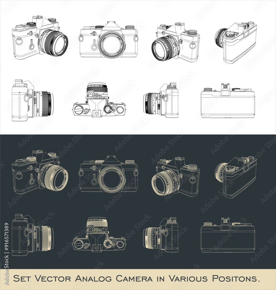 Set camera analog retro classic. Vector line drawing from all view top ...