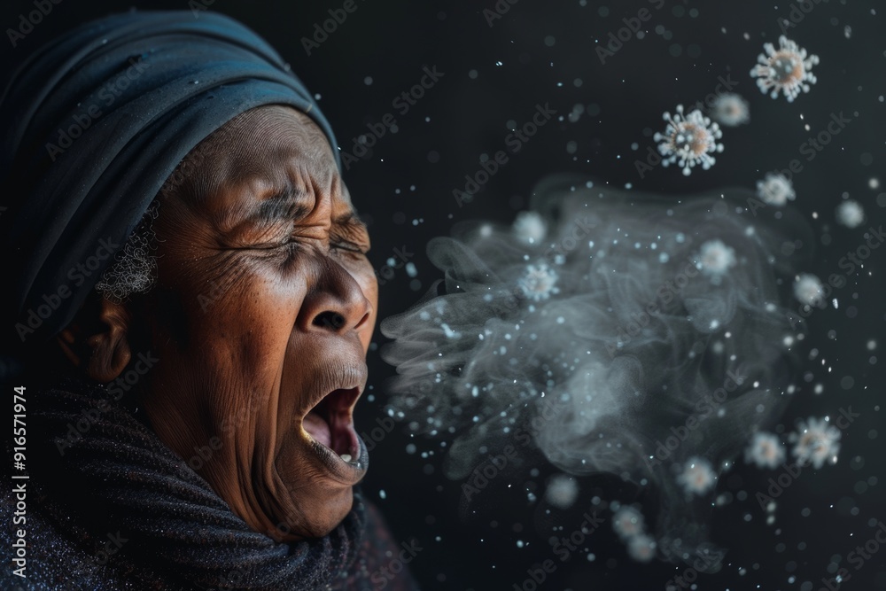 Senior citizen violent sneeze spreads invisible germs. Elderly woman's ...