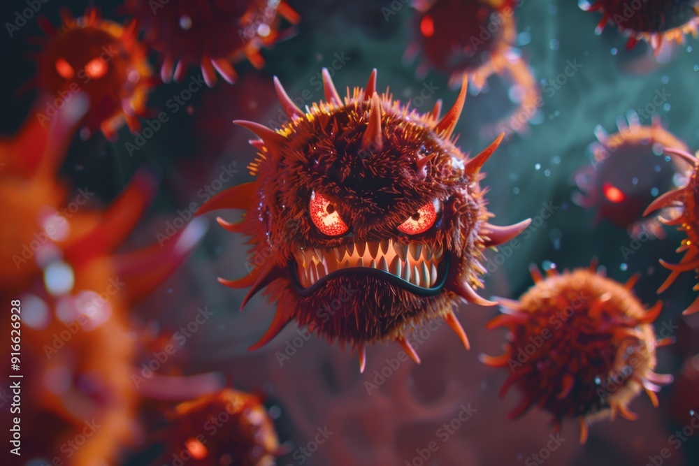 Angry virus glares fiercely its eyes and teeth ready to attack ...