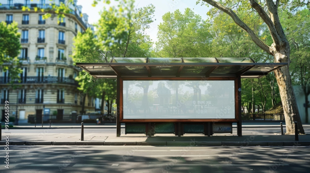 Bus stop billboard Mockup in empty street in Paris Parisian style ...