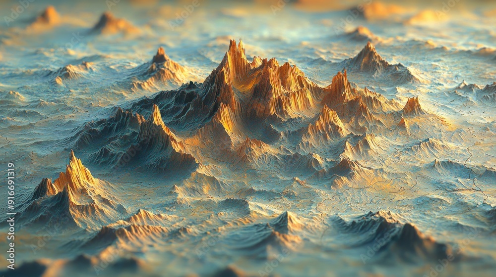 An abstract model of a mountain range featuring golden peaks, creating ...