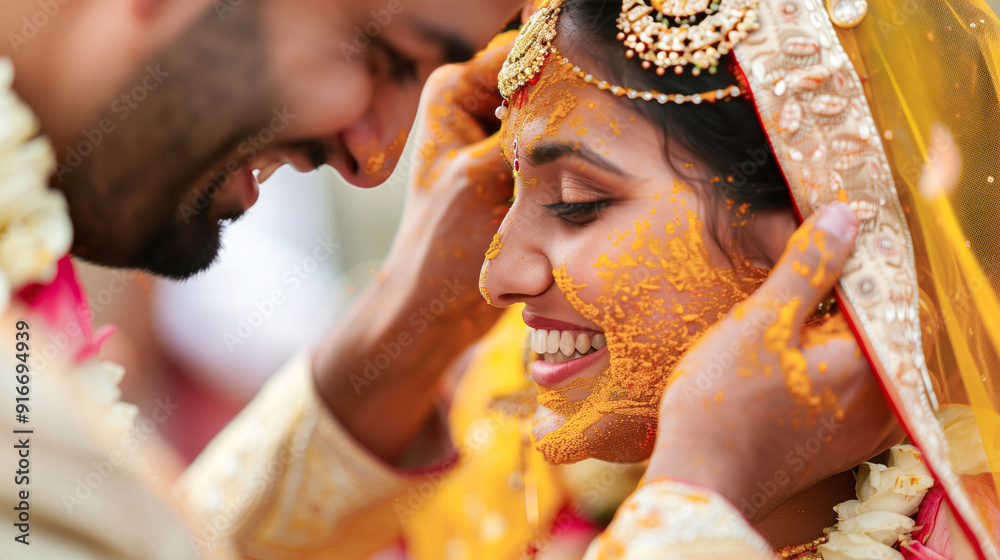 Indian wedding couple during the haldi ceremony, applying turmeric ...