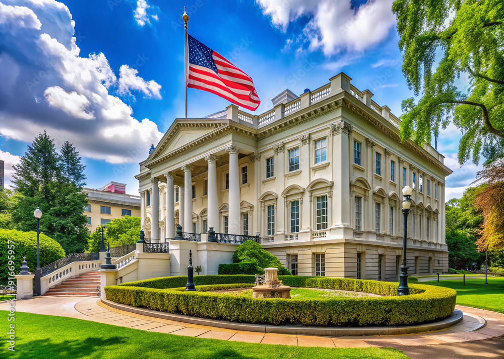 Flag-adorned columns and majestic architecture of a historic United ... Flag-adorned columns and majestic architecture of a historic United ...