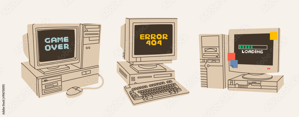Retro vintage Computers set. Old PC with monitor, keyboard. Old style ...