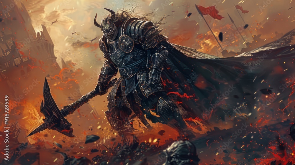 Dark knight warrior in battle. A powerful knight in black armor ...