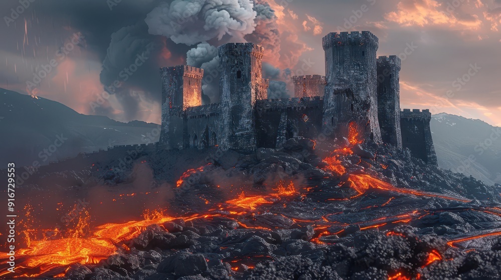 Siege of a castle on a volcanic island, lava adding danger Stock Photo ...