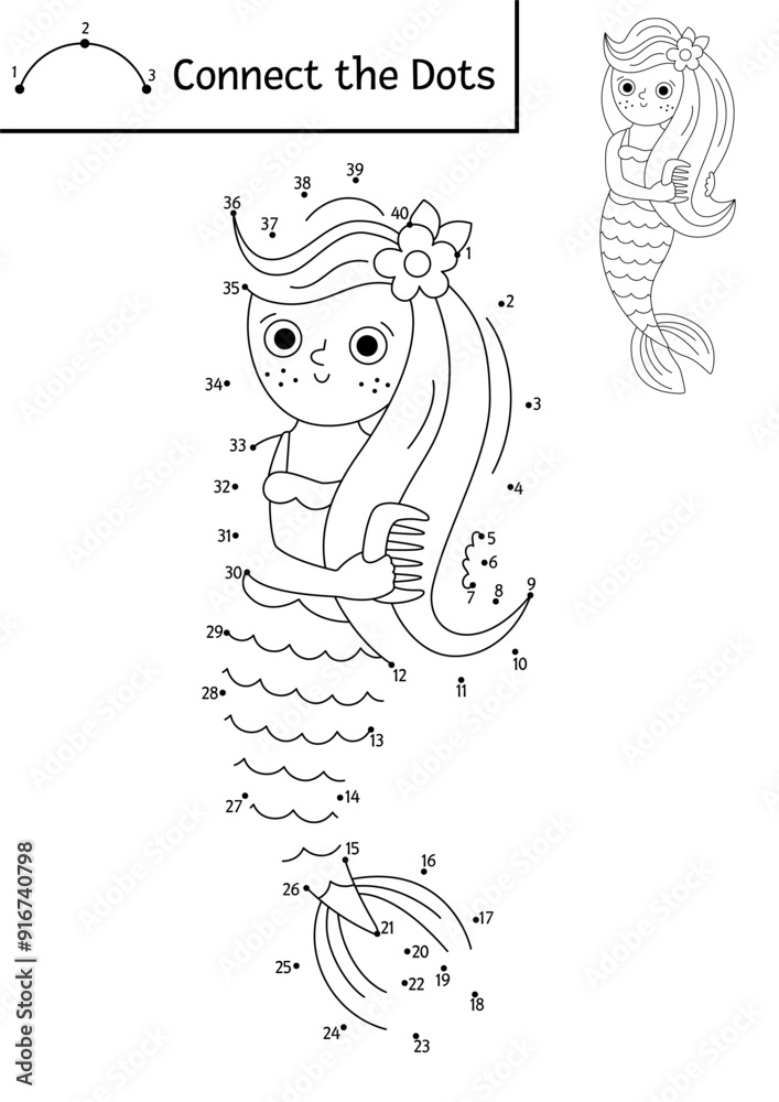 Vector dot-to-dot and color activity with cute mermaid combing her hair ...
