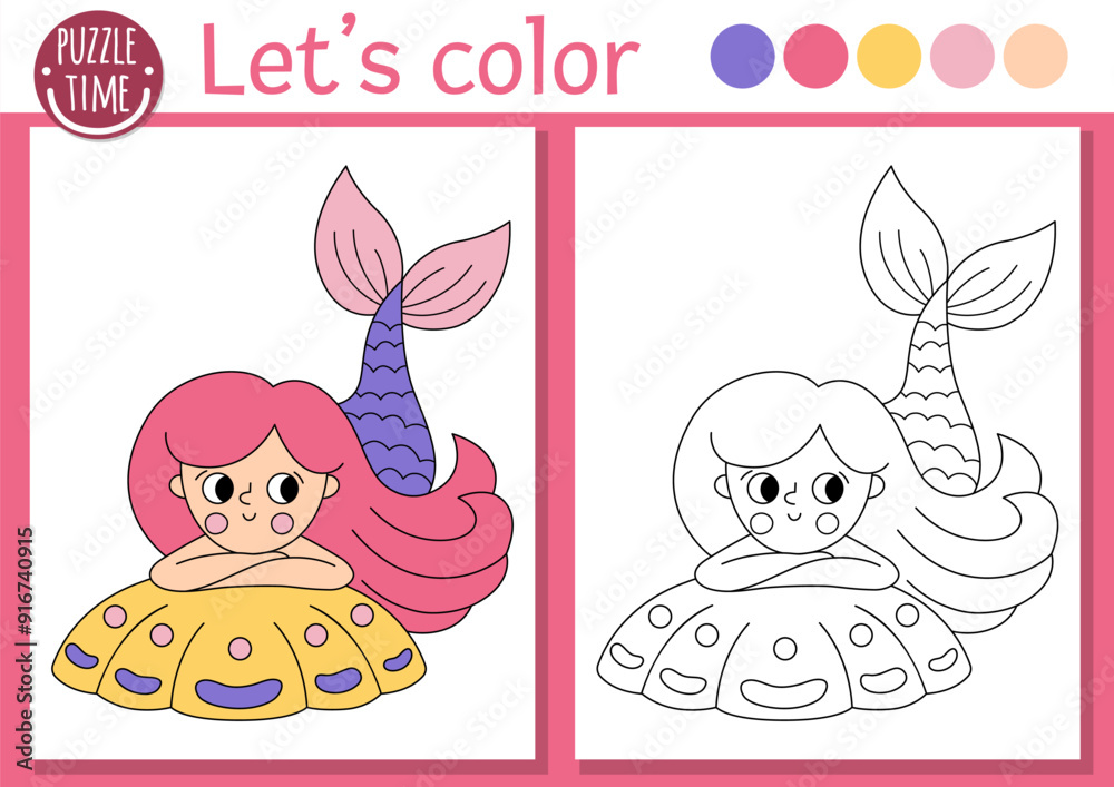Mermaid coloring page for children with cute sea princess. Vector ocean ...