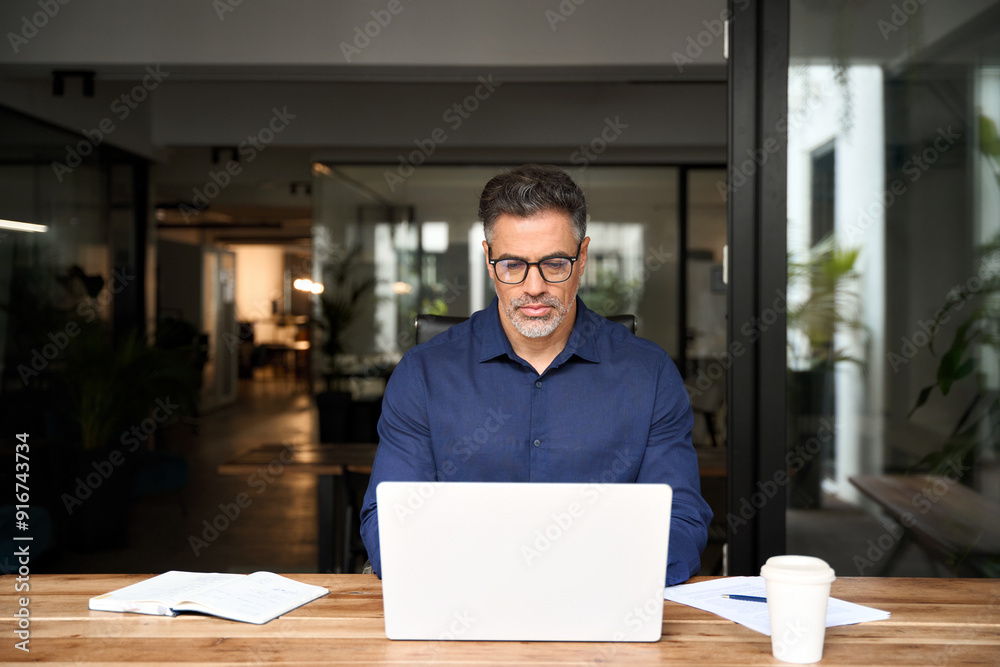 Busy older business man company manager investor working on computer ...