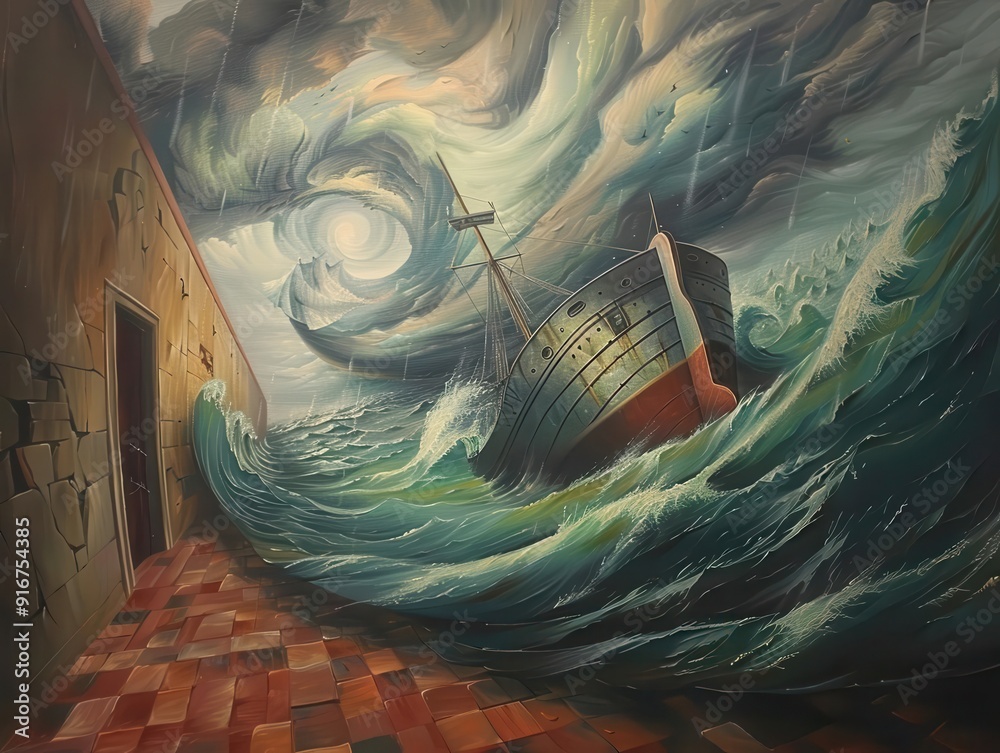 Explore a tilted angle view of a ship on stormy seas, depicting the ...