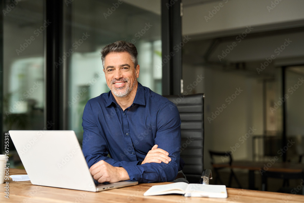 Portrait of happy mature professional business owner man manager ...