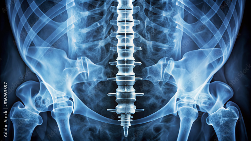 X-ray image of lumbar spine showing surgical rods and screws used in ...