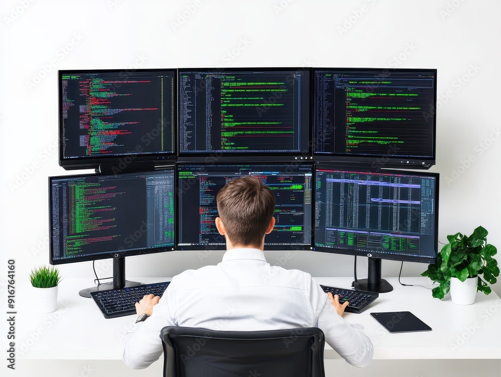 Software developer working on multiple monitors with code on screens, showcasing professional ...