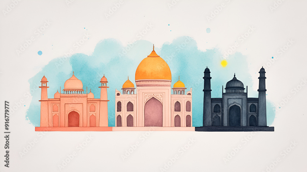 Watercolor Illustration of Iconic Indian Monuments: Taj Mahal, Jama ...