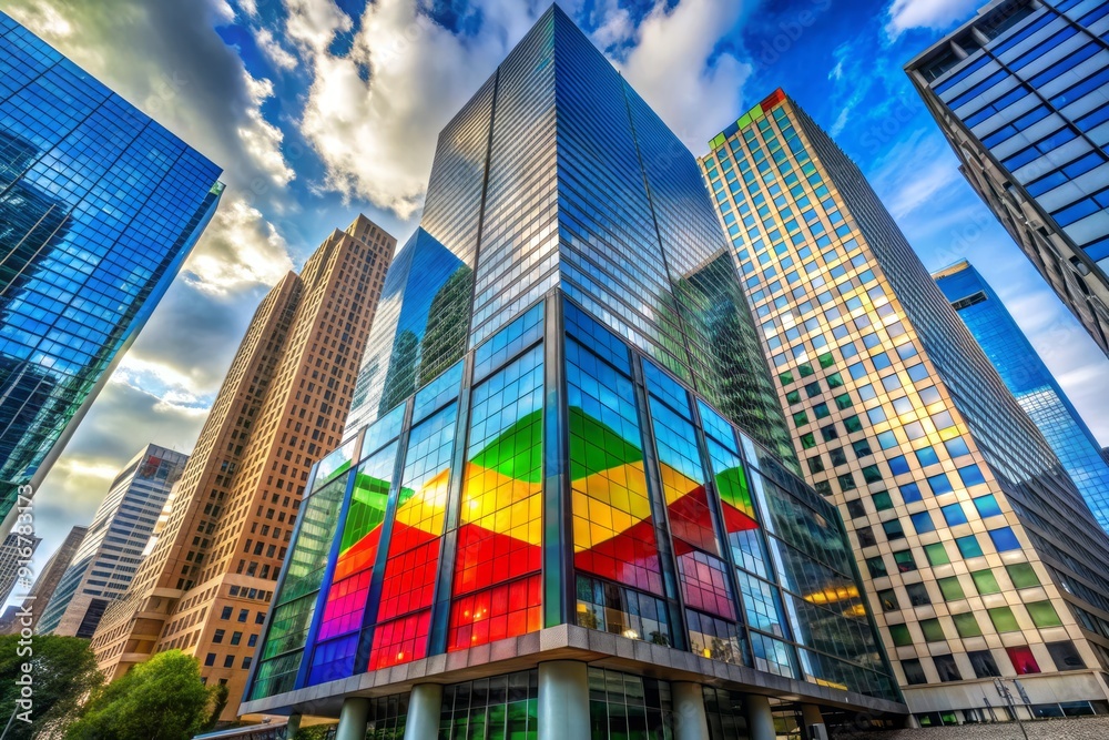 A massive, brightly colored corporate emblem dominates the urban ...