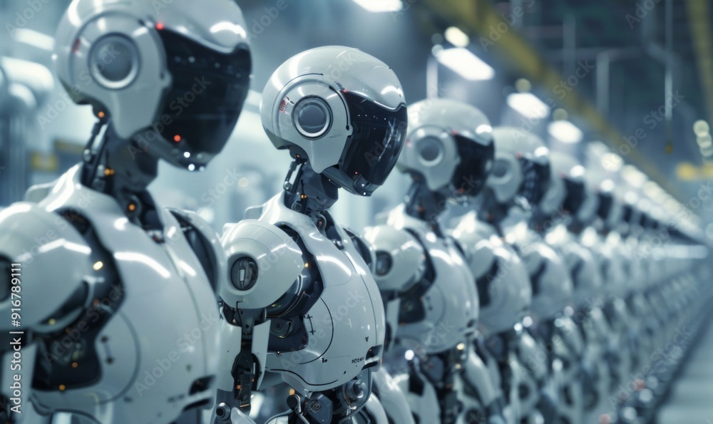 Advanced humanoid robots working alongside humans in a bustling factory ...
