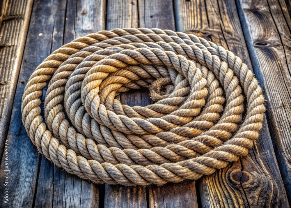 Coiled rope lies on a weathered wooden dock, its frayed ends and ...