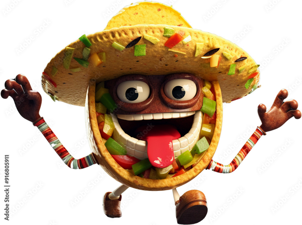 An animated taco character with a friendly grin and a colorful sombrero ...
