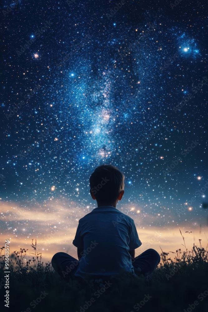 A back view of a young boy sitting on a blanket, gazing at a vast ...