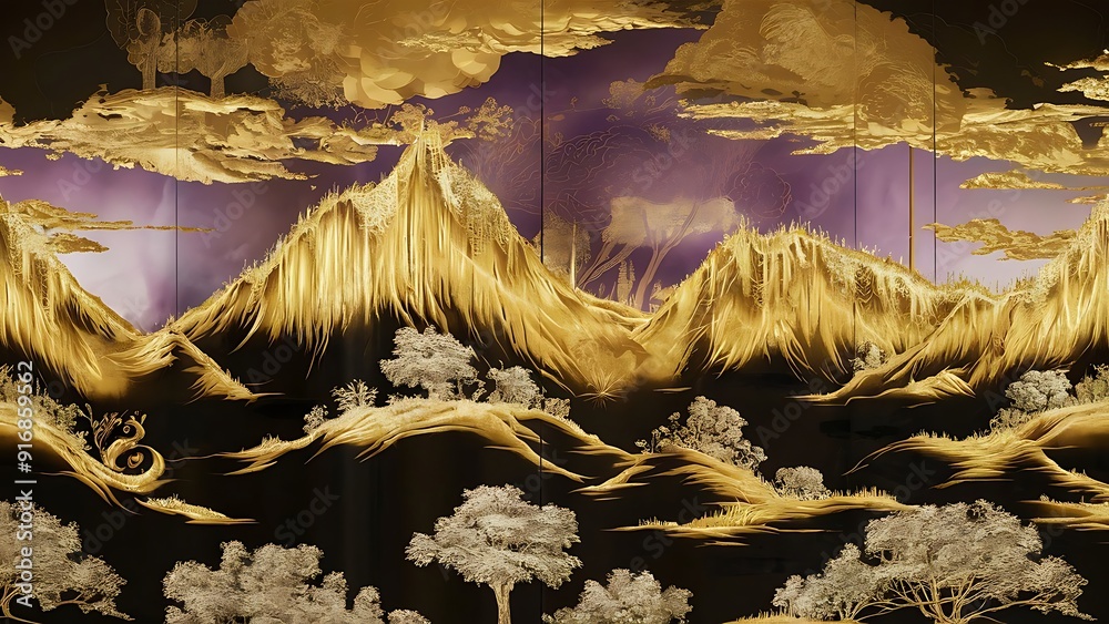 Gold mountain wallpaper design with landscape line arts, Golden luxury ...