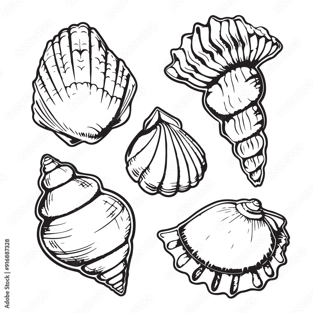 seashell outline illustration. Seashells vector set. Hand drawn ...