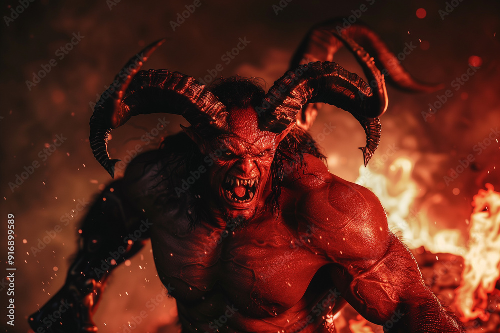 Foto de Stock Powerful Hellish Demon, Muscular Horror, Red Skinned ...