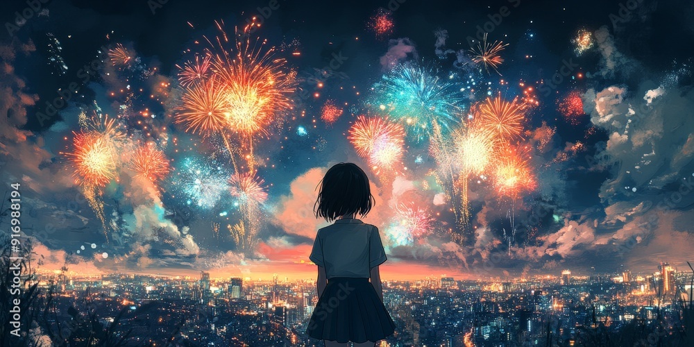 Young Anime Girl Enchanted by Nighttime Firework Display Stock ...