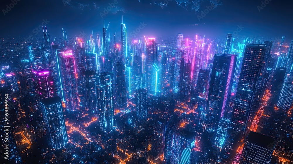 38. High-tech city at night with neon lights and holographic displays ...
