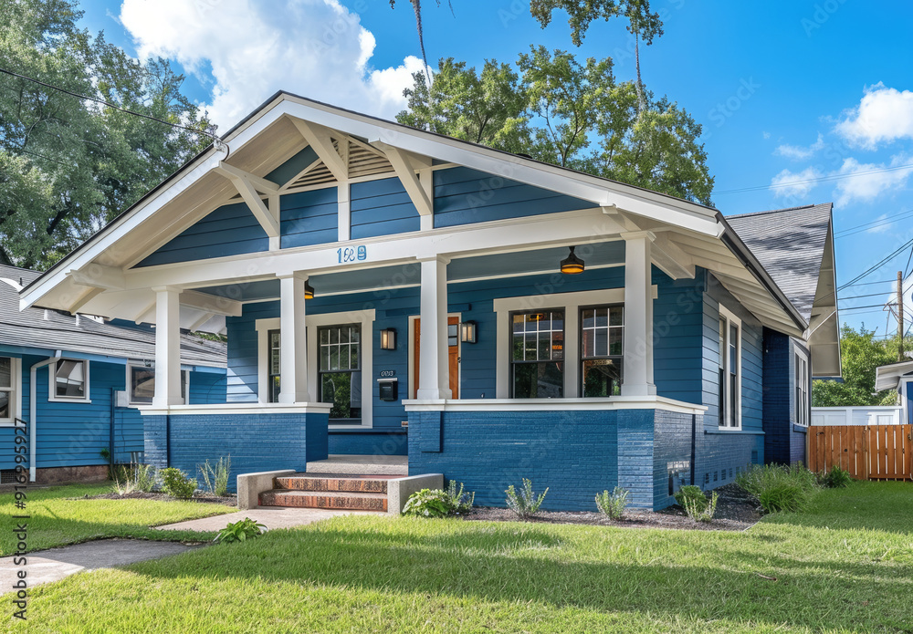 A bright blue craftsman bungalow house with white trim, in the front ...