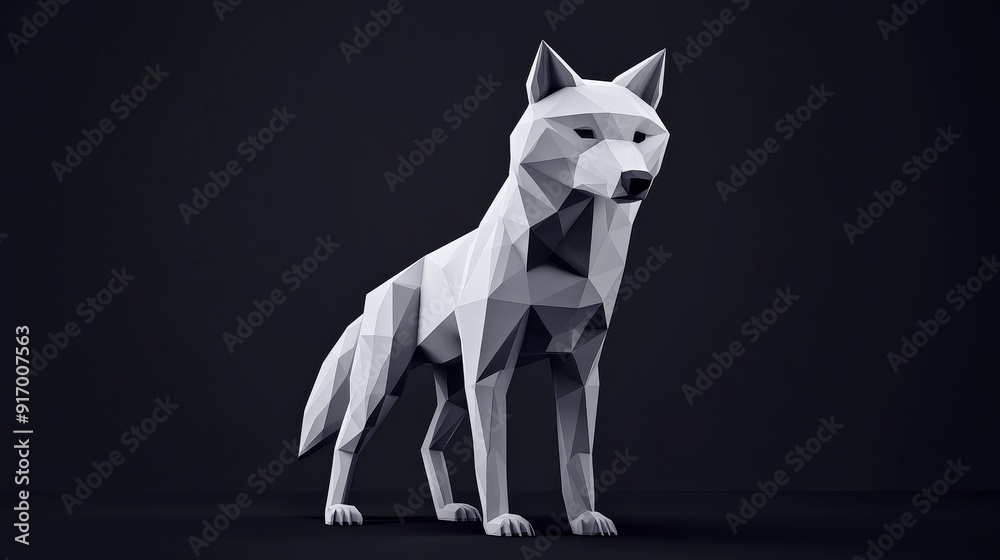 Low-poly white wolf rendered in 3D with a dark background. The wolf ...