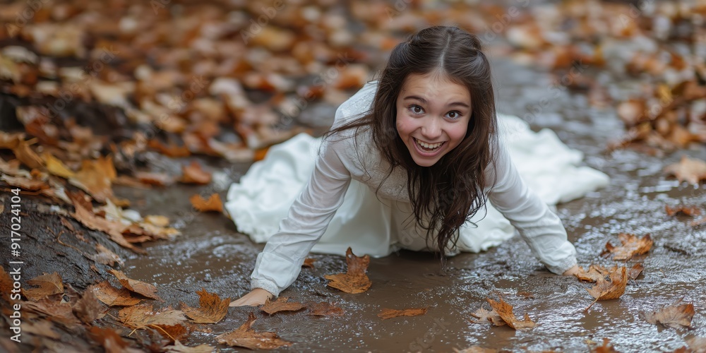 Girl slips and falls in mud in maple forest. Generative AI Stock Photo ...