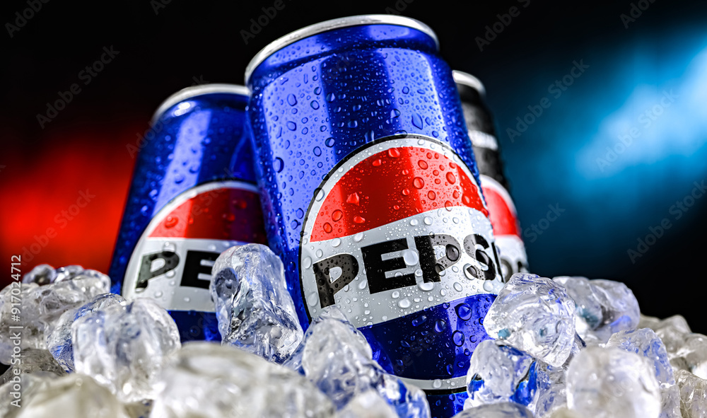 Cans of Pepsi, soft drink produced and manufactured by PepsiCo Stock ...
